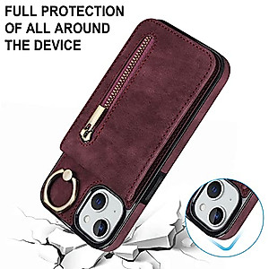 Nunwiza for iPhone 14 Case/iPhone 13 Case Wallet with Card Holder, Leather Protective Case Purse with Ring Holder for Apple iPhone 14 6.1 inch Wine Red