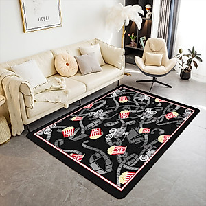 Movie Theater Indoor Floor Mat Cinema Poster Decorative Carpet, for Popcorn Movie Night Film Star Red Black Living Room Rugs Old Fashion Home Decor Area Rug 5'x7'