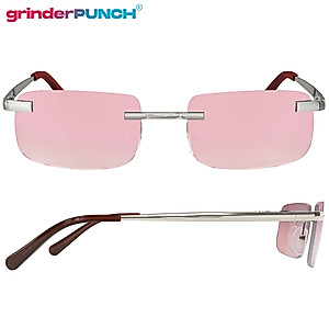 grinderPUNCH Small Slim 90's Popular Nineties Rectangular Sunglasses Clear Rimless Eyewear (Silver Frame - Pink)