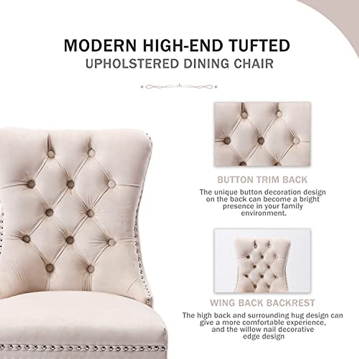 Kiztir Velvet Dining Chairs Set of 6, Upholstered Dining Room Chairs with Ring Pull Trim and Button Back, Luxury Tufted Dining Chairs for Living Room, Bedroom, Kitchen (Beige)