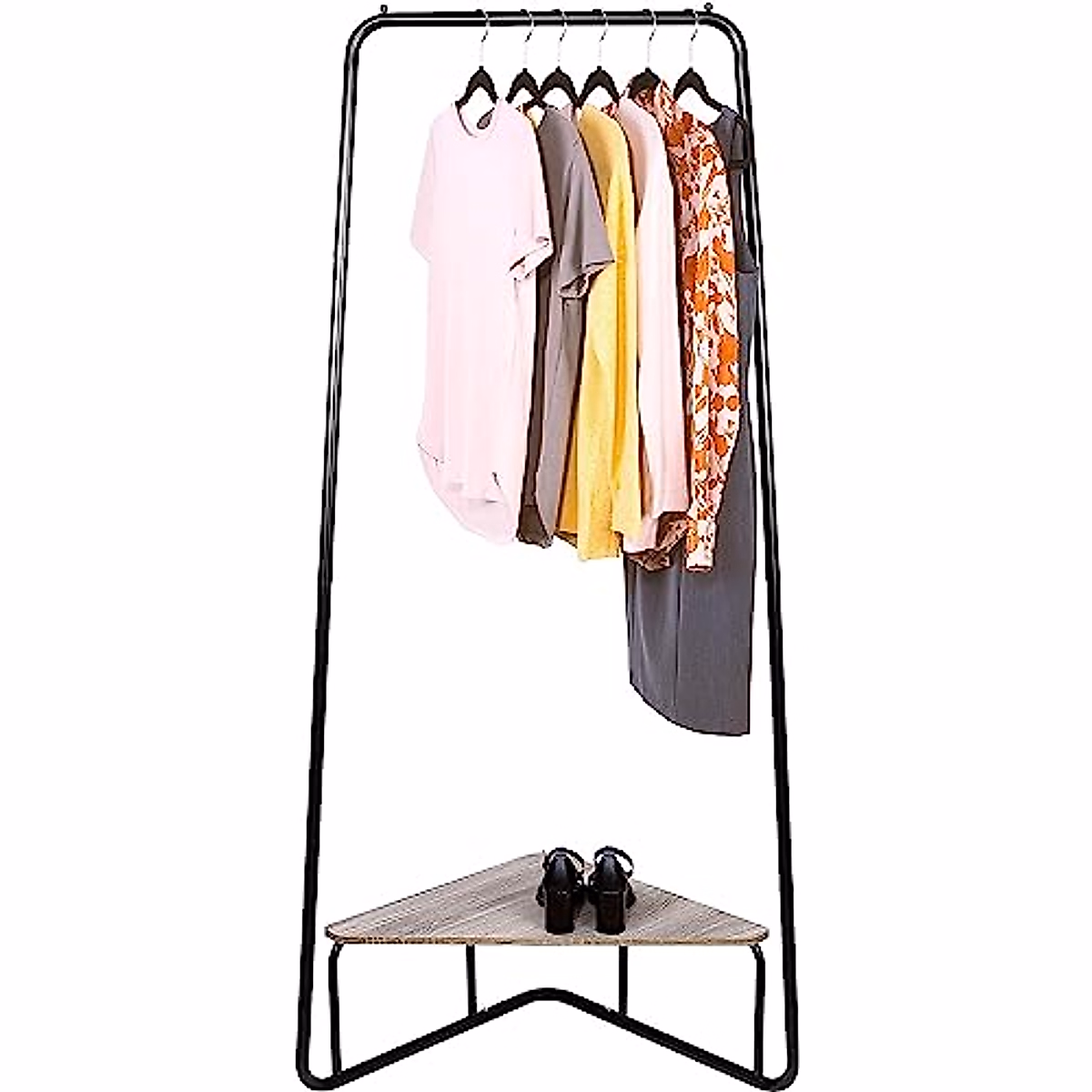 J&V TEXTILES Corner Garment Rack, White with Wood Grain Laminate Top (Matte Black)