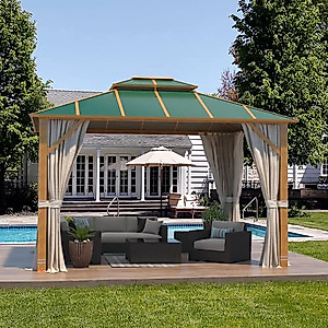 MELLCOM 10' x 12' Hardtop Gazebo, Wooden Finish Coated Aluminum Frame Outdoor Gazebo with Aluminum Double Roof, Blackish Green Metal Gazebo with Curtains and Nettings for Patios, Gardens, Lawns