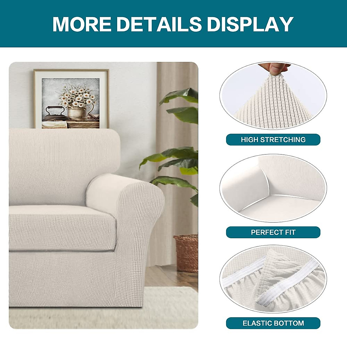 Turquoize 2 Piece Chair Covers Chair Slipcovers for Living Room Armchair Couch Cover Chair Sofa Cover with Individual Cushion Covers Furniture Cover for Chairs Feature Jacquard Fabric (Chair, Ivory)