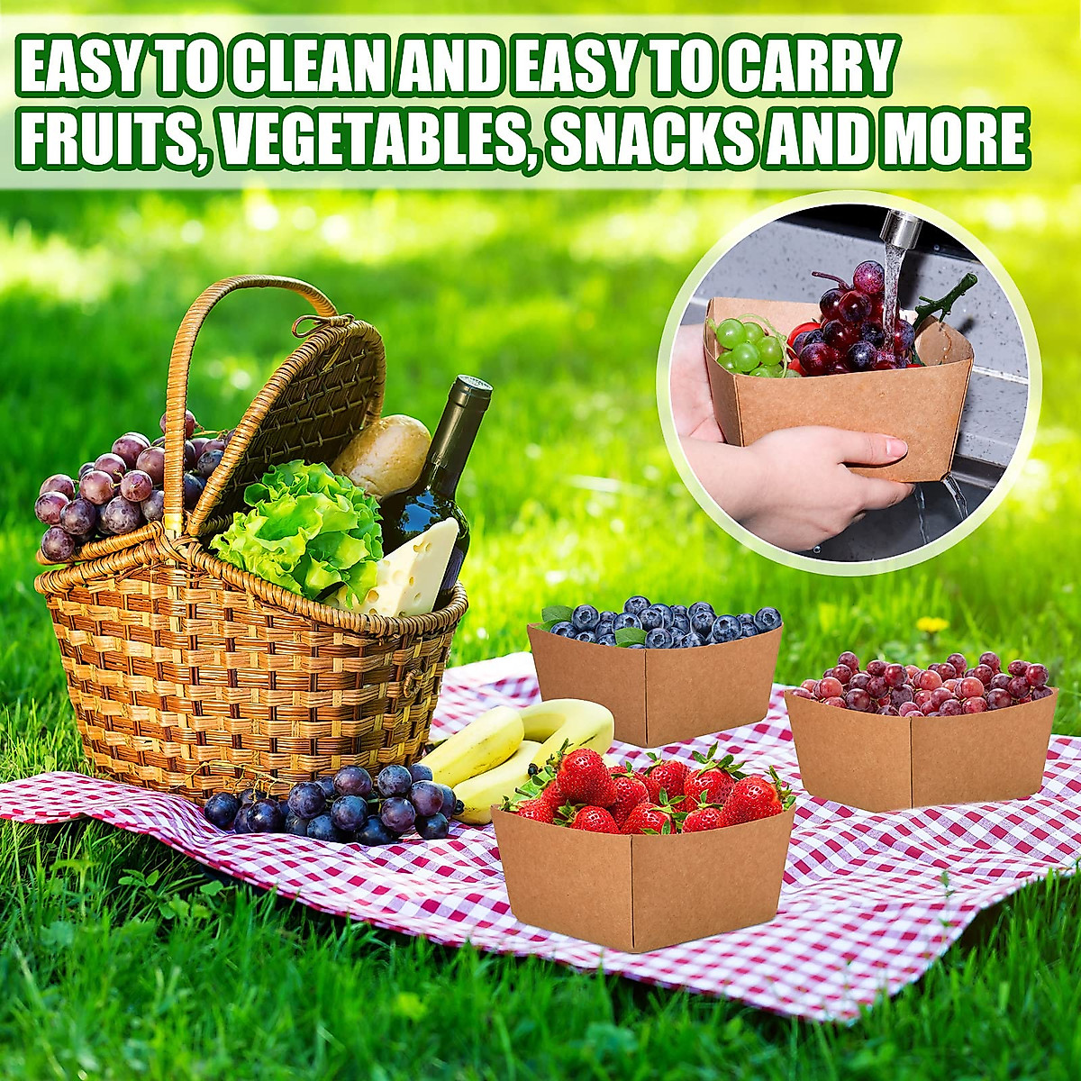 100 Pieces Large Size Berry Baskets 6 Inches Strong Kraft Paper Strawberry Baskets Berry Containers Box for Fruit Food Market Grocery Stores Backyard Party Farmer Market Supplies, Brown