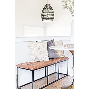 HomePop Faux Leather Button Tufted Decorative Bench with Metal Base, Brown