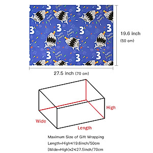 LeZakaa 3rd Birthday Wrapping Paper Sheets - Sharks with Birthday Hat Design - Perfect for Boys, Girls, Kids - 27.5 x 19.6 inches - 6 Sheets (22.4 sq.ft.ttl.)