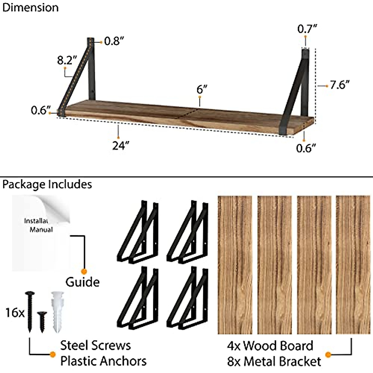 Wallniture Bora Floating Shelves, 24”x6”, Set of 4, Small Bookshelf Unit for Living Room, Office, Bedroom, Natural Burned Rustic Wood Wall Decor with Metal Shelf Bracket