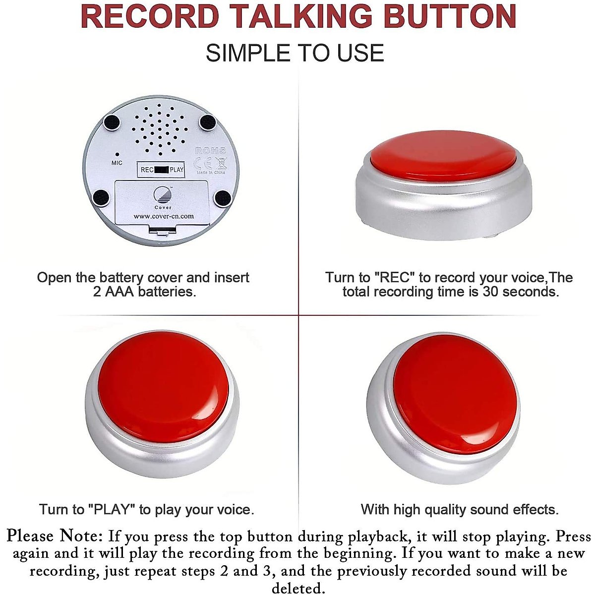 Recordable Button,Record Talking Button,Easy Button 30S Voice Recordable Button Sound Effect Button with Play Back （Red and Silver）