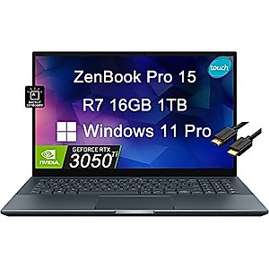 ASUS ZenBook Pro 15 UM535 OLED 15.6" FHD Touchscreen (AMD Ryzen 7 5800H , 16GB RAM, 1TB SSD, GeForce RTX 3050 Ti, 8-Core Beat i7-11370H) Business Workstation Laptop , Up to 18 Hrs Battery, Win 11 Pro