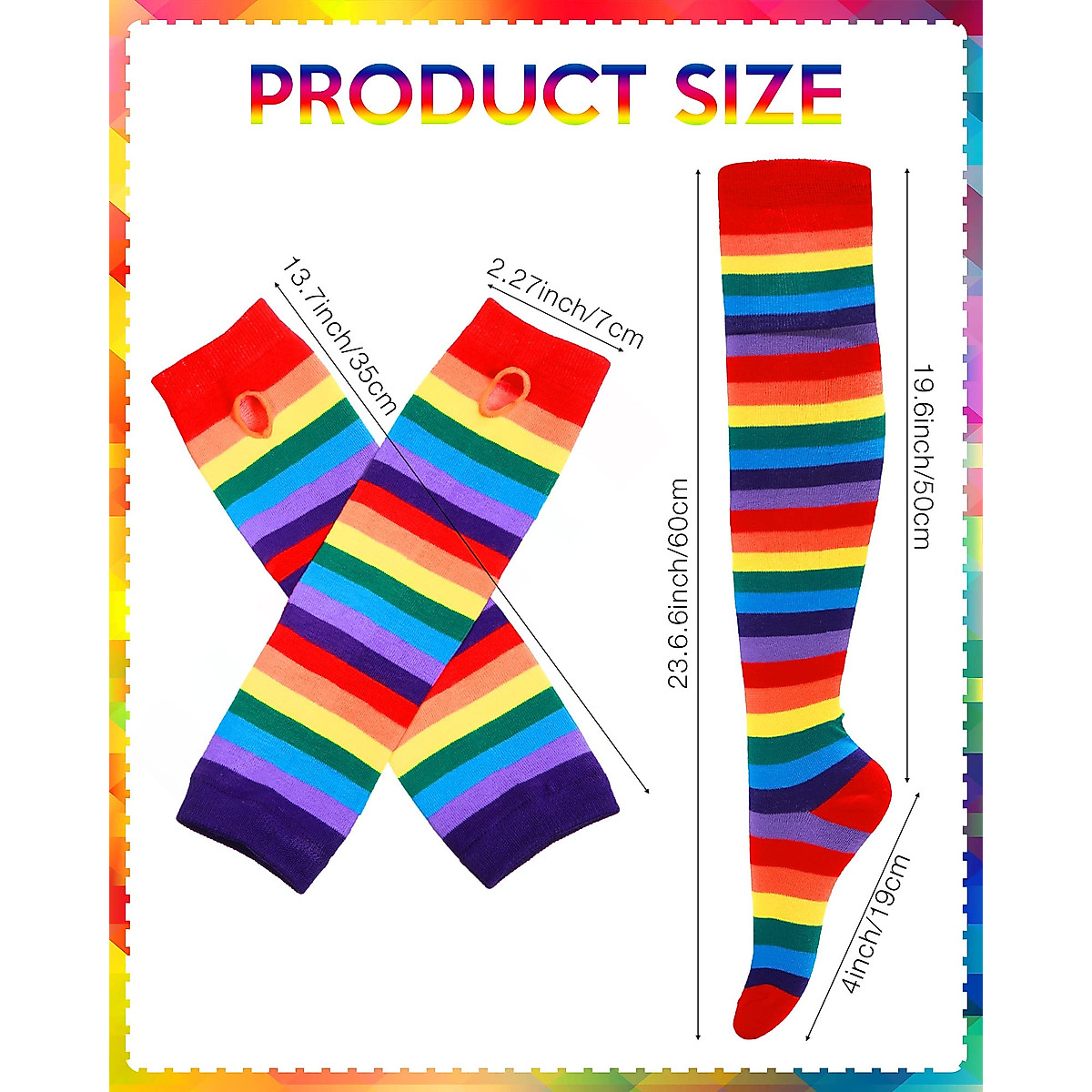 Chuarry 8 Pairs Women's Rainbow Thigh High Socks Fingerless Arm Warmer Set Long Striped High Socks Leg Warmers for Pride Fest(Mixed Color,Classic Style)