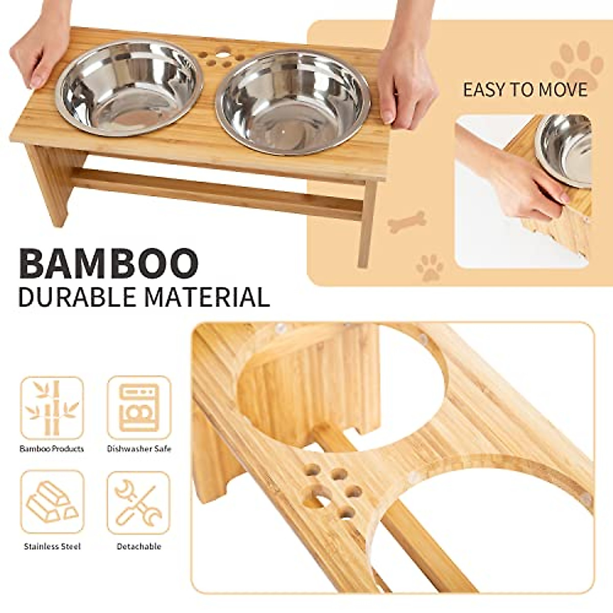 FOREYY Raised Pet Bowls for Cats and Small Dogs, Bamboo Elevated Dog Cat Food and Water Bowls Stand Feeder with 2 Stainless Steel Bowls and Anti Slip Feet (4'' Tall-20 oz Bowl)