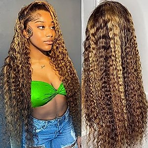 PIBERLO Highlight Ombre Lace Front Wig Human Hair 26 Inch 13X4 Deep Wave Honey Blonde Glueless Pre Plucked HD Lace Frontal Wigs 180% Density Curly Water Wave Wigs