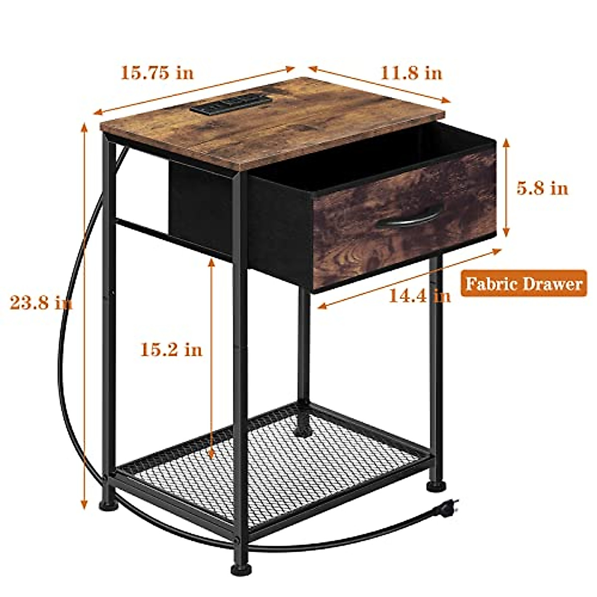 Bedroom Nightstands Set of 2 End Tables Living Room with Charging Station Farmhouse Side Tables Industrial Bedside Tables with Fabric Drawer for Small Spaces Guest Room Home Decor, Rustic Brown