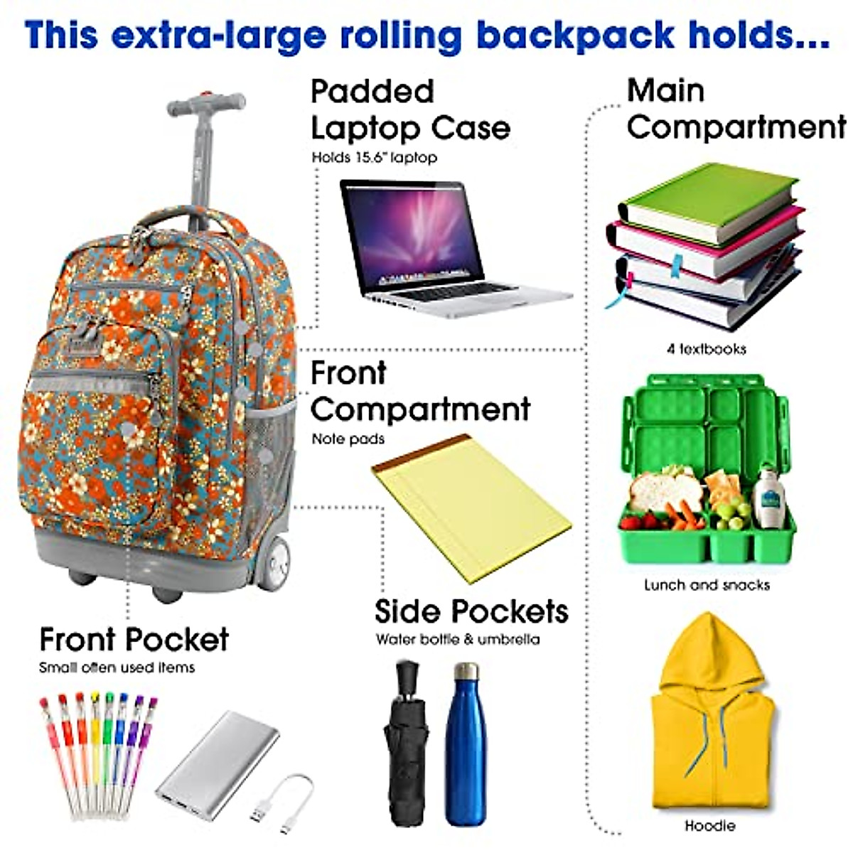 J World New York Sundance Rolling Backpack Girl Boy Roller Bookbag, Retro Bloom, 20 Inch