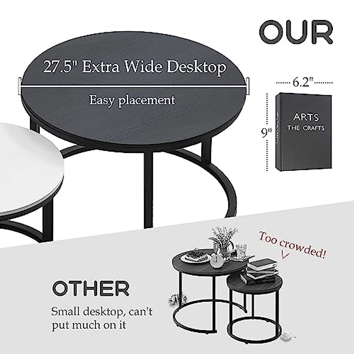 MASAKA B&W 27.5 Inch Round Wood Tables 2 Pack, Coffee Tables for Living Room Set of 2, Small Coffee Tables for Small Spaces, Center Table Modern Black with White