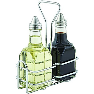 Winco G-104S, 5.4'' x 2.6'' Oil And Vinegar Cruet Set With Stainless Steel Chrome Plated Rack And Two 6 Oz. Square Glass Bottles, Salad Dressing Bottles
