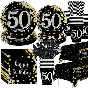 HIPVVILD Happy 50th Birthday Decorations Tableware Men Women - 50th Birthday Plates & Napkins Party Supplies, Plate, Cup, Napkin, Tablecloth, Cutlery, 50 Year Old Birthday Table Decorations | Serve 24