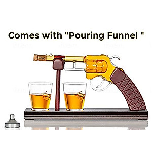 Gun Whiskey Decanter By The Diamond Glassware | Comes With A Set Of 2 Bullet Glasses & Mahogany Wooden Base | Decanter Set, Perfect For Whiskey, Bourbon, Scotch, Liquor| Great Gift For Him | 100ml