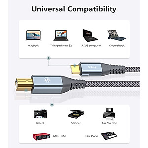 USB C Printer Cable 15ft, USB C to USB B Printer Cable Nylon Braid High-Speed USB C MIDI Cable for MacBook Pro/Air, Digital Piano MIDI Controller, HP Epson Canon Brother Lexmark Printers and Scanner