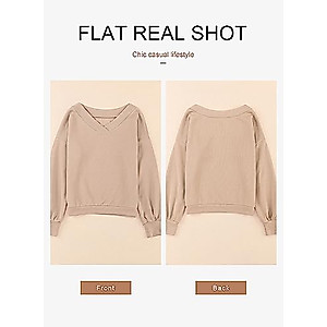 Dokotoo Women Ladies Sexy Off The Shoulder Tops Autumn Casual V Neck Long Sleeve Sweatshirt Blouse Khaki Medium