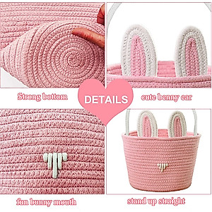 2Pcs Rabbit Easter Baskets for Kids,Hand Woven Cotton Rope Bunny Basket with Handle for Easter Stuffer & Egg Hunt, Decorations, Candy Gifts Storage (Pink & White)