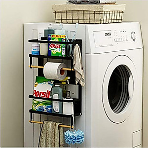 Magnetic Spice Rack,4 Tier Kitchen Magnetic Shelf for Refrigerator Fridge Organizer with 2 Paper Towel Holders and 5 Removable Hooks,Matte Black