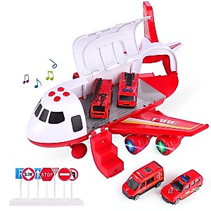 Airplane Toys, Cars Toys Set Fire Truck/Engineering Vehicle/Police Car Toys Christmas Birthday Gift for 3 4 5 6 Years Old Boys Toddlers Deformable Aircraft Storage Cars Toy (red in Blue Police Box)