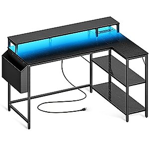PRAISUN L Shaped Gaming Desk with LED Lights and Power Outlets, Reversible Computer Desk with Storage Bag and Monitor Shelves, Large Leg Room Home Office Desk, Corner Gaming Desk, Black