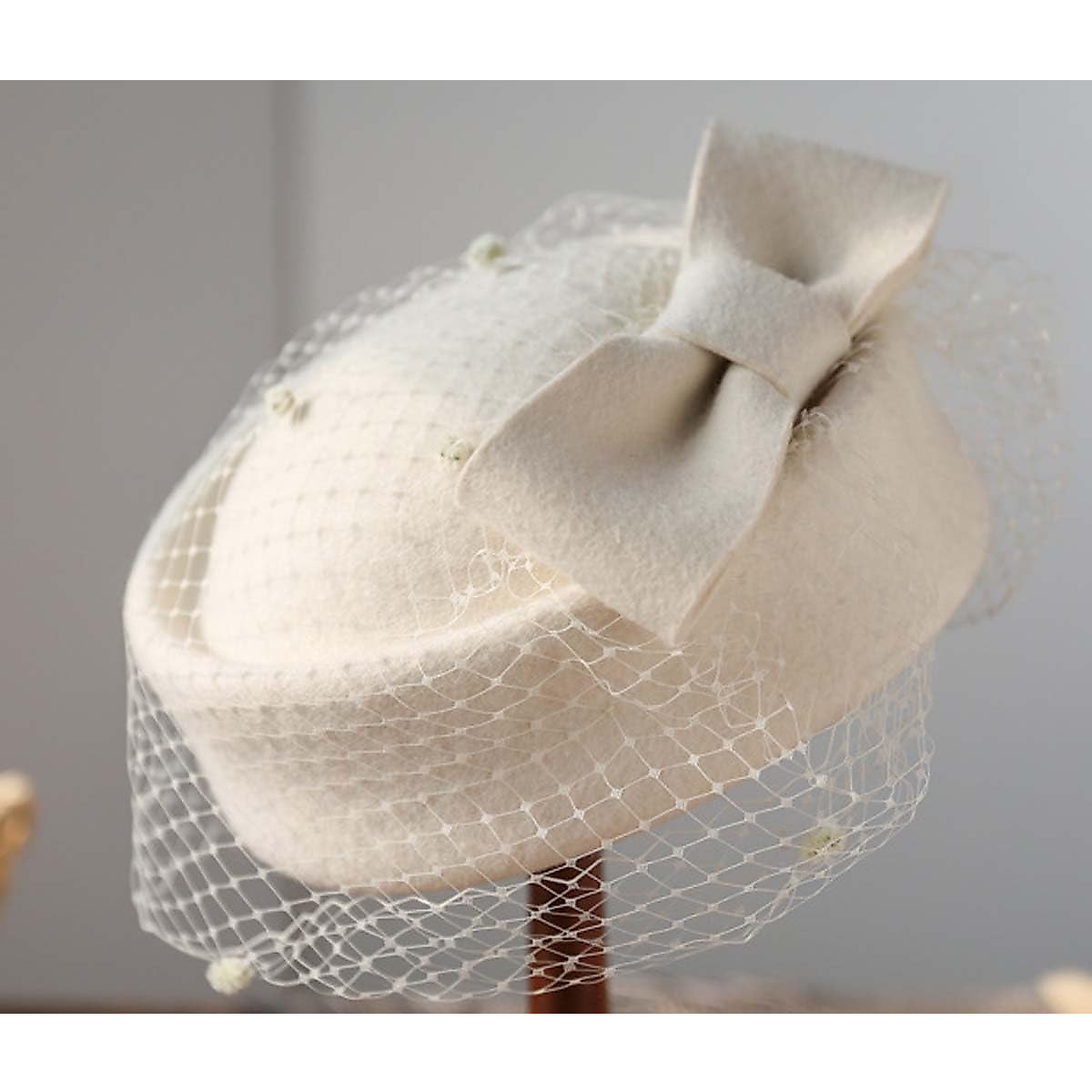 Pillbox Hat Fascinator Beret Wedding Party Top Hat Church Wool Hat for Women (Ivory)