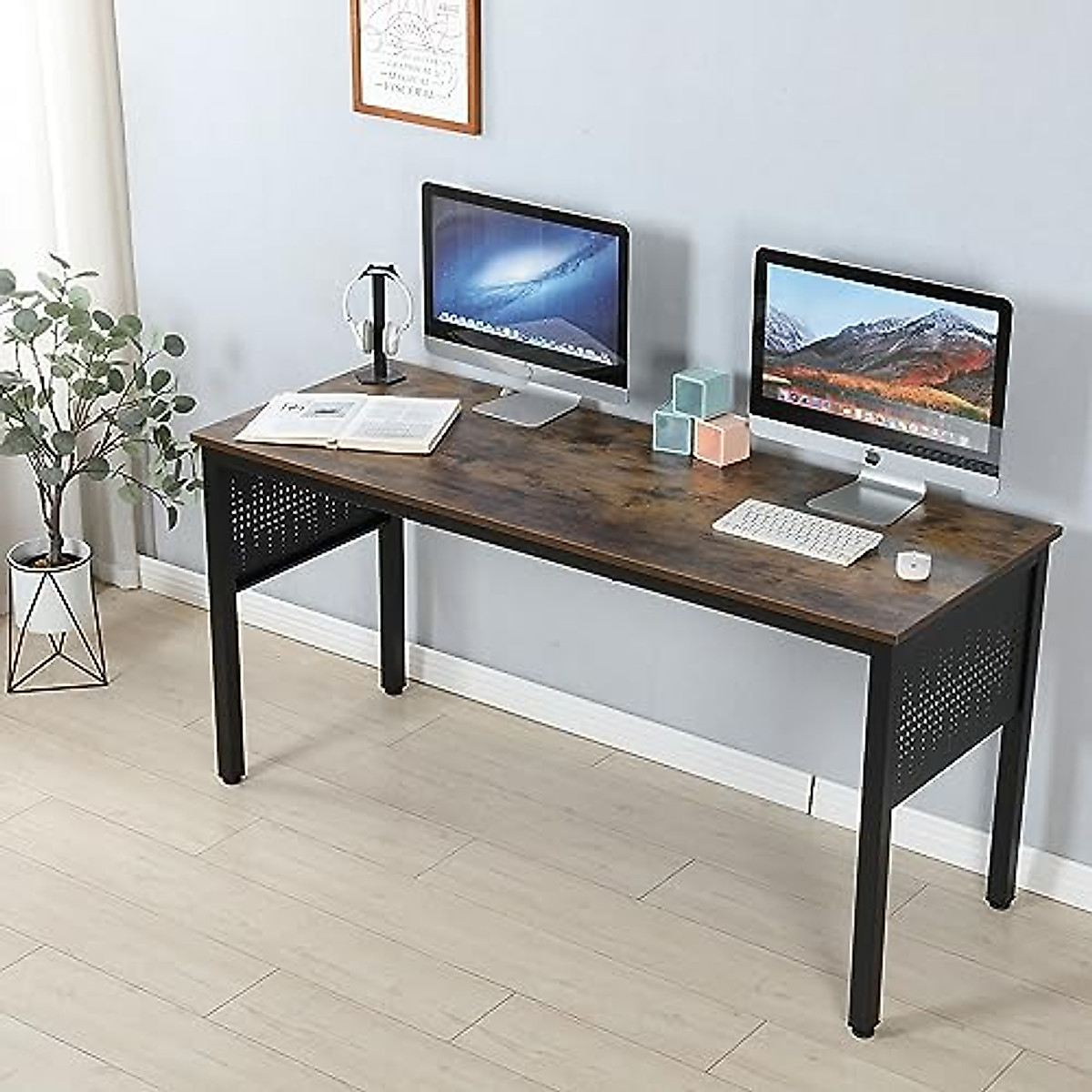 Kindmin Study Computer Desk 55/63 inch Home Office Writing Small Desk, Modern Simple Style PC Table with Freely Adjustable Hook-Type Metal Perforated Side Panels (55in-Black)