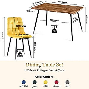 NORDICANA 5-Piece Dining Table Set, 47 in Modern Irregular Rectangle Kitchen Table & 4 Yellow Velvet Upholstery Side Chairs, Metal Legs, Dining Room Set for 4