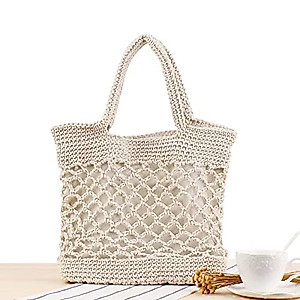 WIGUYUN Cotton Crochet Shoulder Bag Casual Tote Handbag Hollow Out Bohemian Top Handle Purse,White