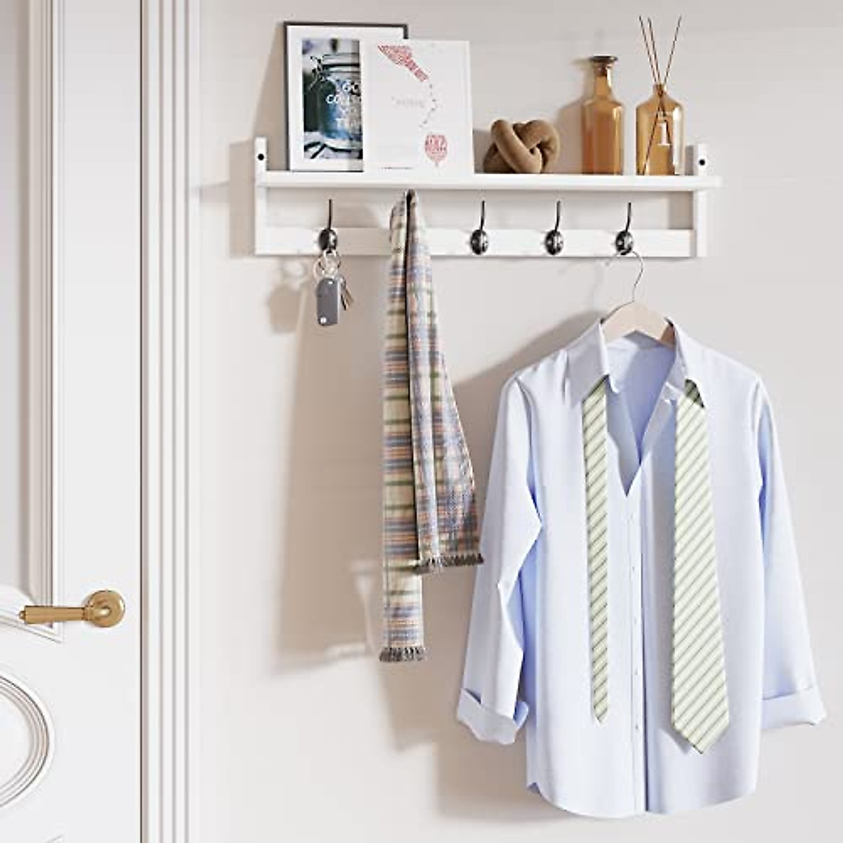 BAMEOS Wall Hooks with Shelf Entryway Wall Hanging Shelf Wood Coat Hooks for Wall with Shelf Wall-Mounted Coat Hook Rack with 5 Dual Hooks for Bathroom, Living Room, Bedroom (White-with Shelf)