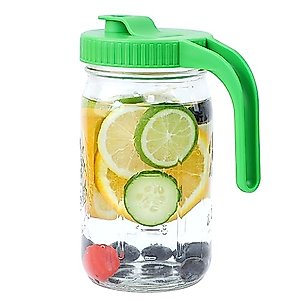Mason Jar Pitcher With Pour Spout Handle Lid 32 OZ Wide Mouth Glass Pitcher 1 Quart Leak Proof Airtight Jugs With Flip Cap For Iced Coffee, Sun Tea, Lemonade, Cold Brew Tea, Milk