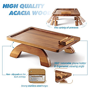 Sofa Armrest Tray, Arm Table Sofa Arm Tray Clip on Tray Table, Sofa Tray Table for Couch, Folding Snack Table with 360 Rotating Phone Bracket, Non-slip/Flexible with Different Armrest Shapes and Width