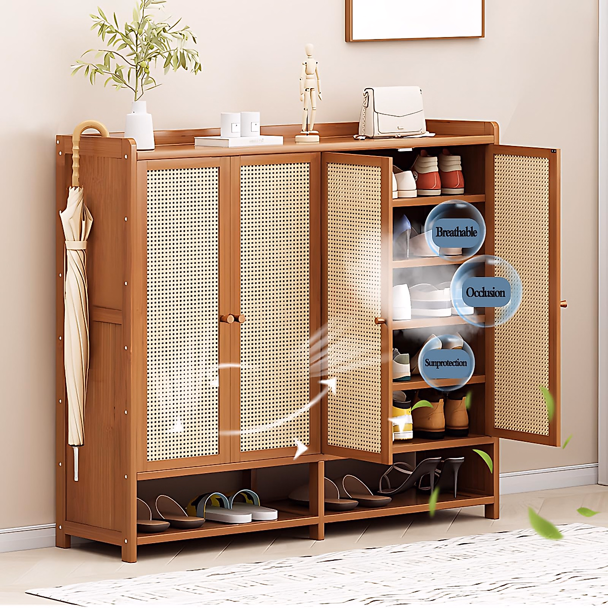 8-Tier Bamboo Shoe Cabinet with Doors, 36-40 Pairs Freestanding Shoe Rack for Closet, Shoe Storage Cabinet for Entryway, Shoes Rack Organizer for Hallway, Bedroom, Living Room