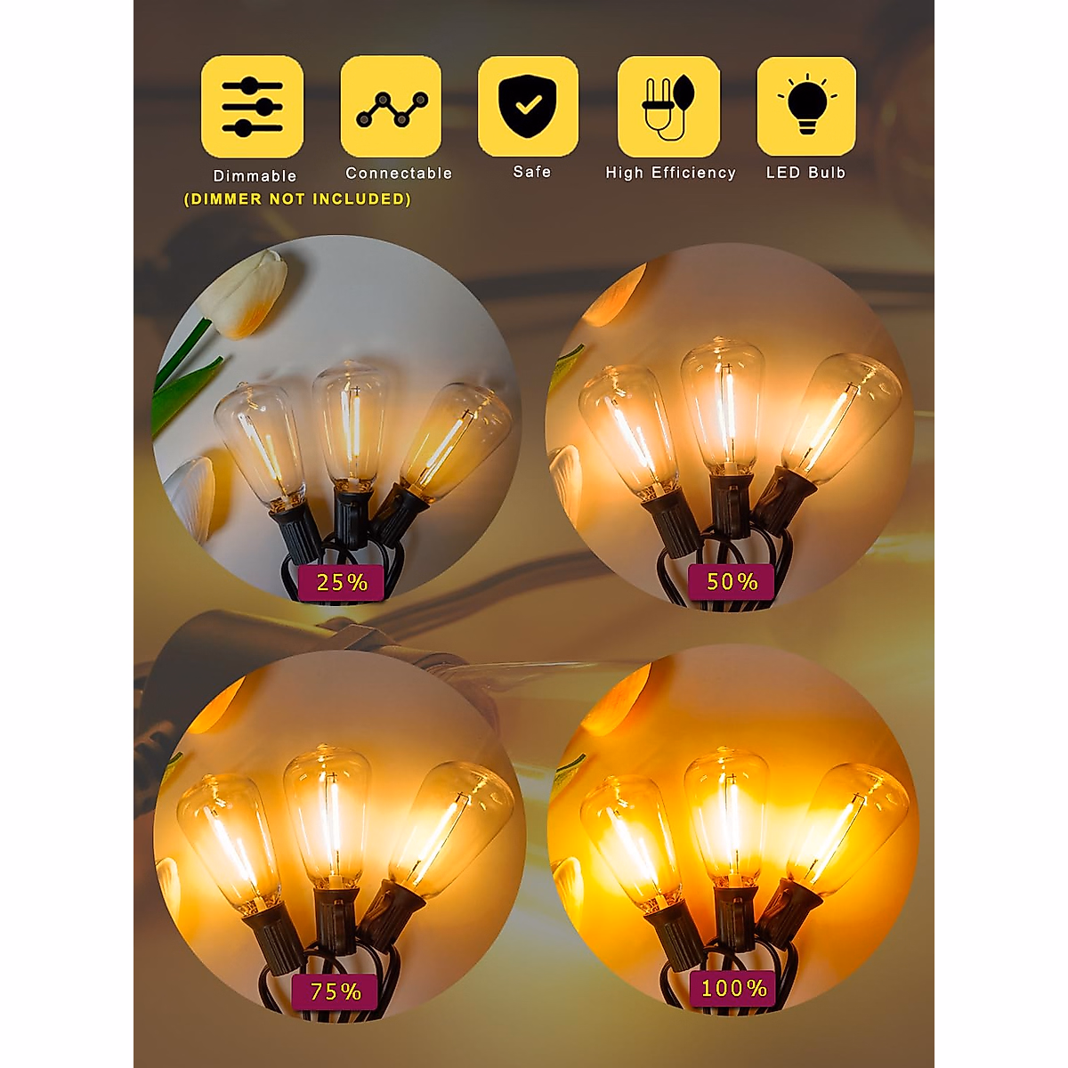 DAMAING LED Outdoor String Lights 100FT Waterproof Patio Lights with 52 Dimmable Edison Bulbs,Shatterproof Outside Hanging String Lights for Porch,Deck,Backyard, Balcony, Bistro,Cafe,2 Pack x 50Ft