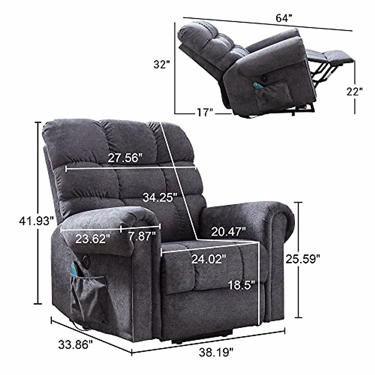 ANJ Large Power Lift Recliner Chair with Massage and Heat for Elderly Big People, Electric Wide Recliners, Heavy Duty and Safety Motion Fabric Reclining Mechanism with USB Ports, Side Pocket, Grey