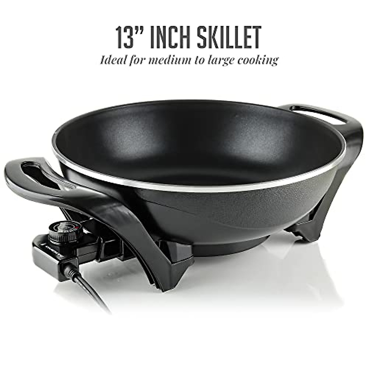 Ovente Electric Skillet with Nonstick Coating and Glass Lid, 13 Inch Portable Kitchen Countertop Cooking Wok, Adjustable Temperature Control, Cool Touch Handle, Easy to Use and Clean, Black SK3113B