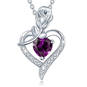 AGVANA February Birthstone Jewelry Amethyst Necklace for Women Sterling Silver Rose Flower Heart Pendant Necklace Fine Jewelry Anniversary Birthday Gifts for Women Wife Lady Her
