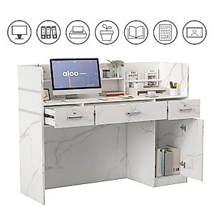 AGOTENI Reception Desk Reception Stations with Open Shelf & Drawers, Wooden Counter Desk with Lockable Drawer for Office Reception Room (Marble White)