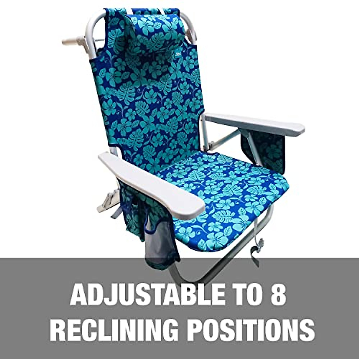 Bliss Hammocks BBC-350-BF Folding Beach Chair, 5 Reclining Positions, Detachable Cooler Bag, Blue Flower