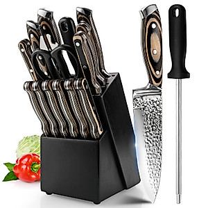 Knife Sets for Kitchen,15-piece Hammered Desgin Knife Set with Block and Sharpener, High Carbon Stainless Steel Chef Knives with Grey Triple Rivet Handle, Ultra Sharp and Dishwash Safe