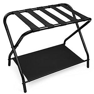 VETIN Luggage Rack, Luggage Racks for Guest Room, Folding Suitcase Stand with Storage Shelf for Bedroom, Black
