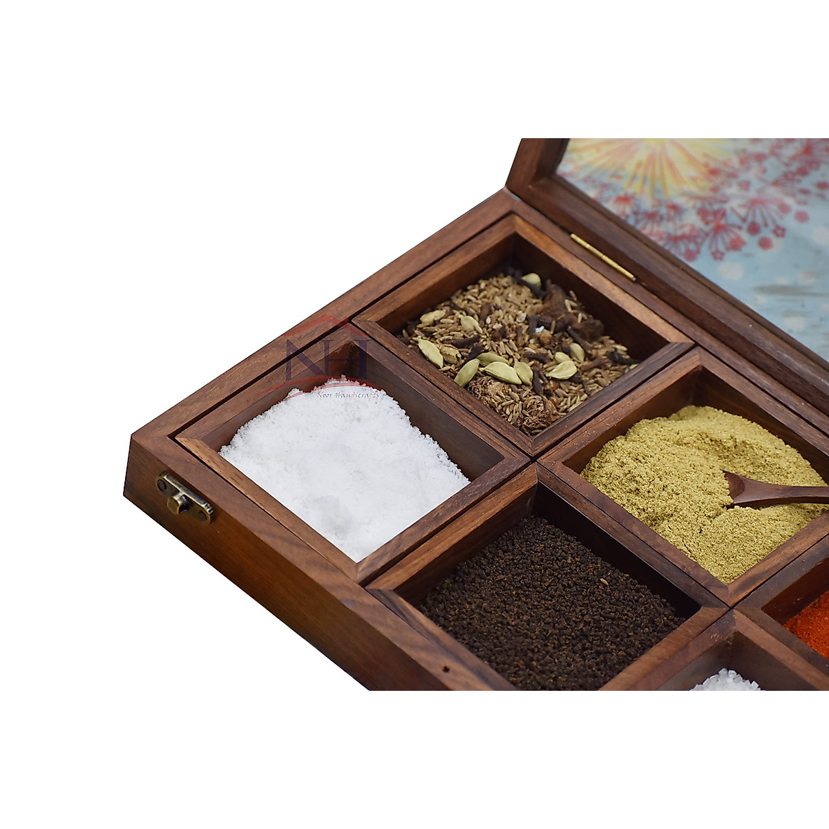 Mahak Nisar Timber '‘Six Blends' Wooden Spice Boxes 06 Containers Box with Spoon in Sheesham Wood Spice jar for Kitchen Multipurpose Decorative Boxes Spice Box