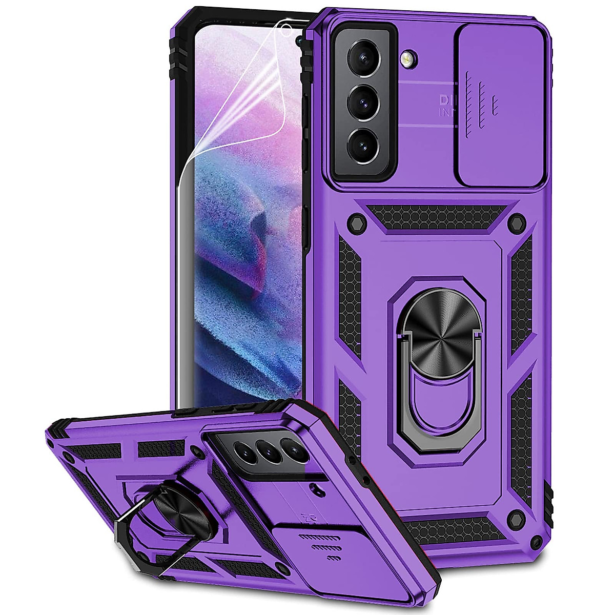 for Samsung Galaxy S21 Case with Camera Lens Cover HD Screen Protector, Dual Layer Military-Grade Drop Tested Magnetic Ring Holder Kickstand Protective Phone Case for Samsung Galaxy S21 5G (Purple)