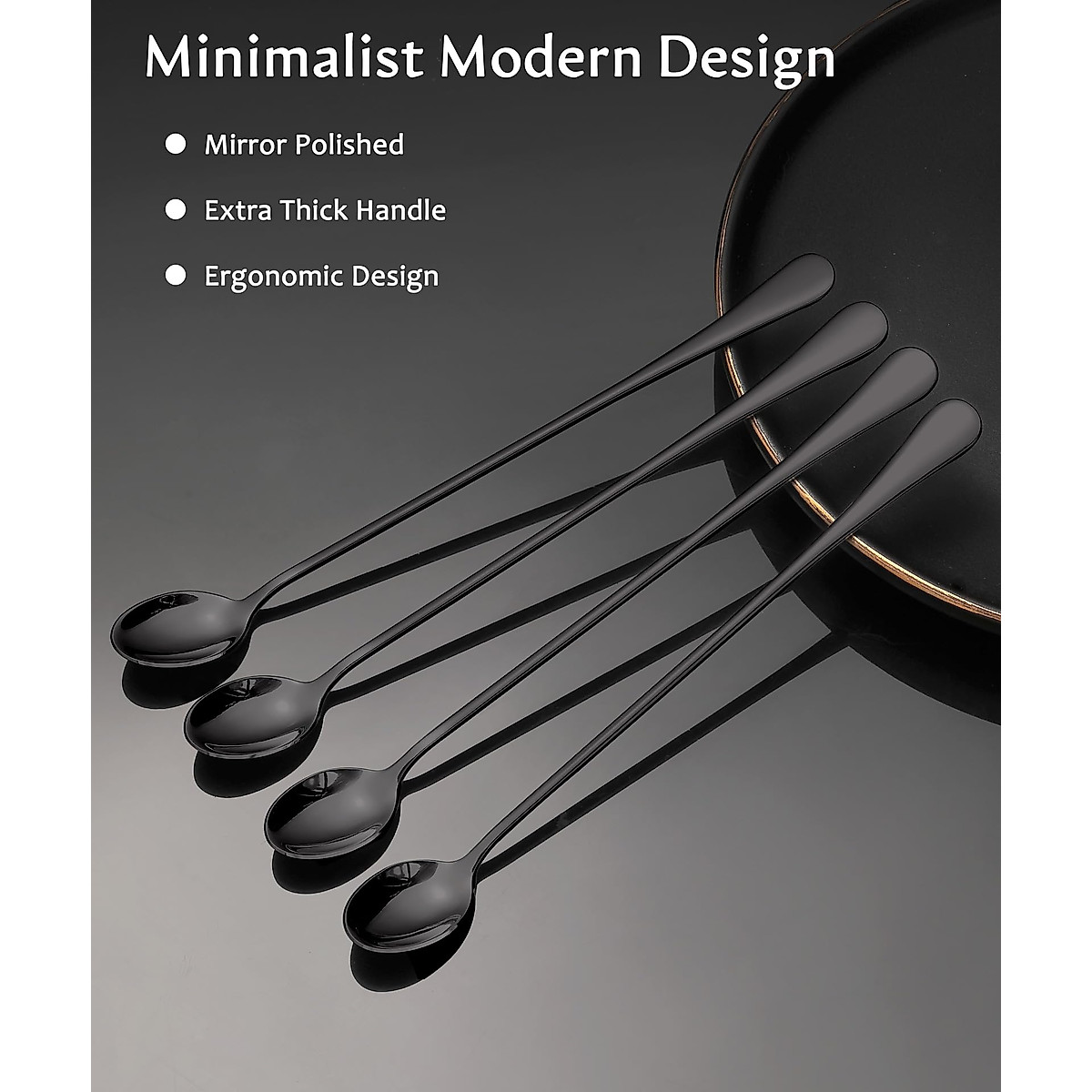 Lovingly Yours 9.5-Inch Long Handle Ice Tea Spoons, Ice Cream Spoons, Black Long Coffee Spoons, Stainless Steel Long Spoons for Stirring, Set of 4