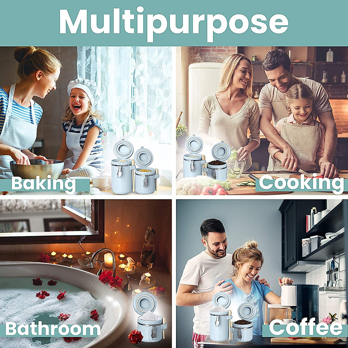 Home Intuition 4-Piece Ceramic Kitchen Canisters Set, Airtight Containers with Wooden Spoons Reusable Chalk Labels and Marker for Sugar, Coffee, Flour, Tea (Mint)