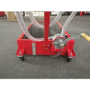 Manoch 20 Gallon Oil Drain Pan Low Profile Dolly with Pump 8 feet Hose and Wheel Material: Iron Overall Dimensions: (51.57 x 25.2 x 31.5)" / (131 x 64 x 80) cm (L x W x H) Casters: 4-inch (10 cm)