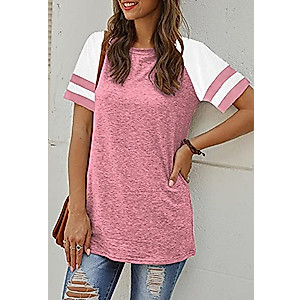 Adibosy Women Summer Casual Shirts: Short Sleeve Striped Tunic Tops - Ladies Loose Crew Neck Tee Tshirt Blouses Pink L